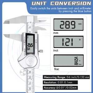 Simhevn Electronic Digital Calipers, inch and Millimeter Conversion,LCD Screen displays 0-6" Caliper Measuring Tool, Automatic Shutdown, Suitable for DIY/Jewelry Measurement (150mm inch/mm/Fraction)