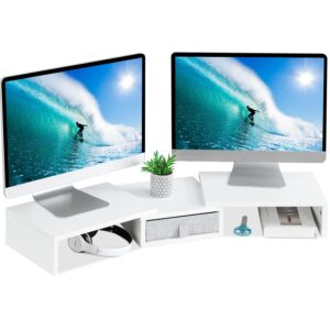 teamix white dual monitor stand riser with drawer - length and angle adjustable double corner desk shelf organizer 37 inch long for 2 laptop/pc/screen/tv