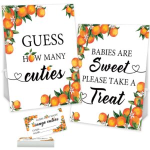 little cutie candy guessing game, orange theme guess how many cuties standing sign with 50 cards, baby shower games, babies are sweet, please take a treat sign