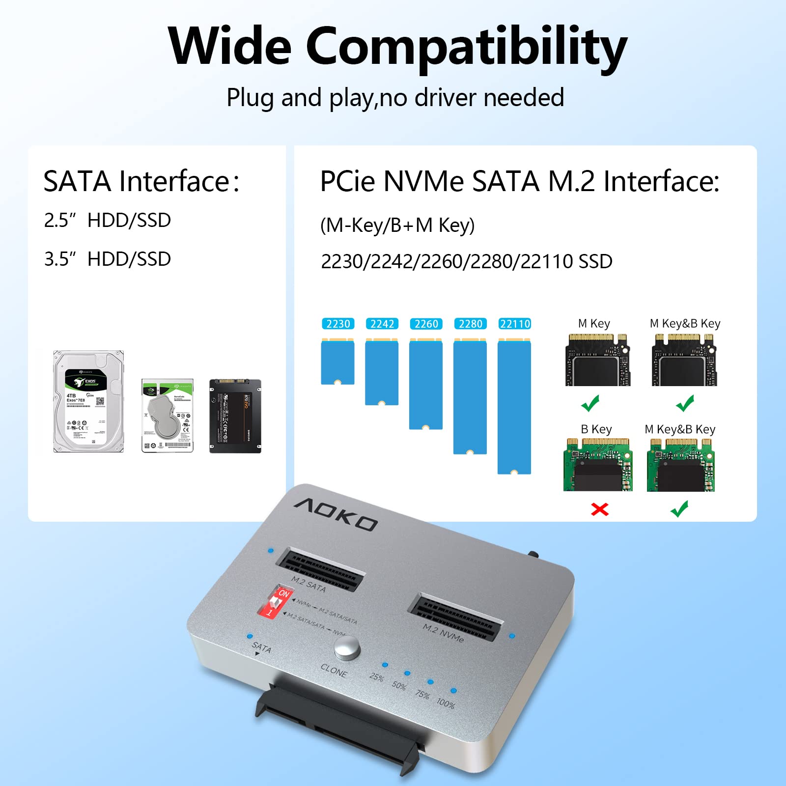 AOKO M.2 Duplicator NVMe to SATA Docking Staion for M.2 PCIe NVMe/M.2 SATA and 2.5" /3.5" SATA SSD/HDD with Offline Cloning( NVMe to NVMe Clone Not Supported)