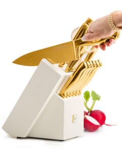 styled settings white and gold knife set with sharpener -14pc self sharpening knife block set includes luxurious full tang knives and white knife block - white and gold kitchen decor accessories