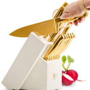 STYLED SETTINGS White and Gold Knife Set with Sharpener -14PC Self Sharpening Knife Block Set Includes Luxurious Full Tang Knives and White Knife Block - White and Gold Kitchen Decor Accessories