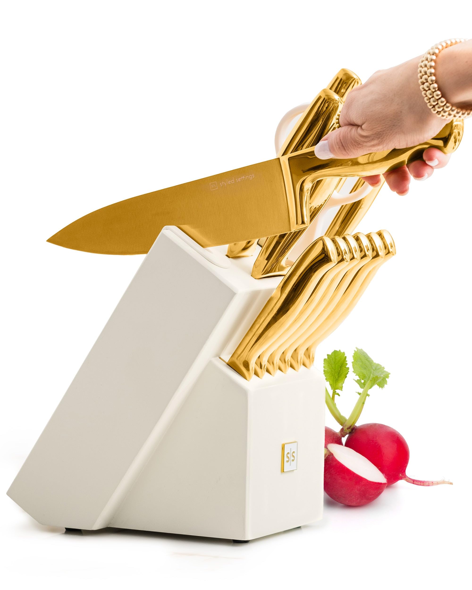 STYLED SETTINGS White and Gold Knife Set with Sharpener -14PC Self Sharpening Knife Block Set Includes Luxurious Full Tang Knives and White Knife Block - White and Gold Kitchen Decor Accessories