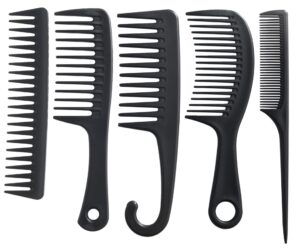 5 pcs hair comb set, wide tooth detangling comb,large shower comb with hook，fine tooth rat tail comb professional styling, no handle women brush for curly, wet, dry, long and thick hair.