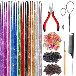 fairy hair tinsel kit with tools 48 inch heat resistant safe 12 colors glitter tinsel hair extensions 3200 strands (12 colors, 3200 strands)