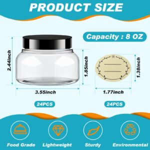 Tessco 24 Pack Plastic Jars with Lids Labels Plastic Containers Round Refillable Cosmetic Containers Empty Body Butter Jars Sugar Scrub Containers for Cosmetics (Clear,8 oz)