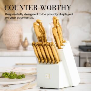 STYLED SETTINGS White and Gold Knife Set with Sharpener -14PC Self Sharpening Knife Block Set Includes Luxurious Full Tang Knives and White Knife Block - White and Gold Kitchen Decor Accessories