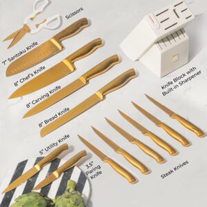 STYLED SETTINGS White and Gold Knife Set with Sharpener -14PC Self Sharpening Knife Block Set Includes Luxurious Full Tang Knives and White Knife Block - White and Gold Kitchen Decor Accessories