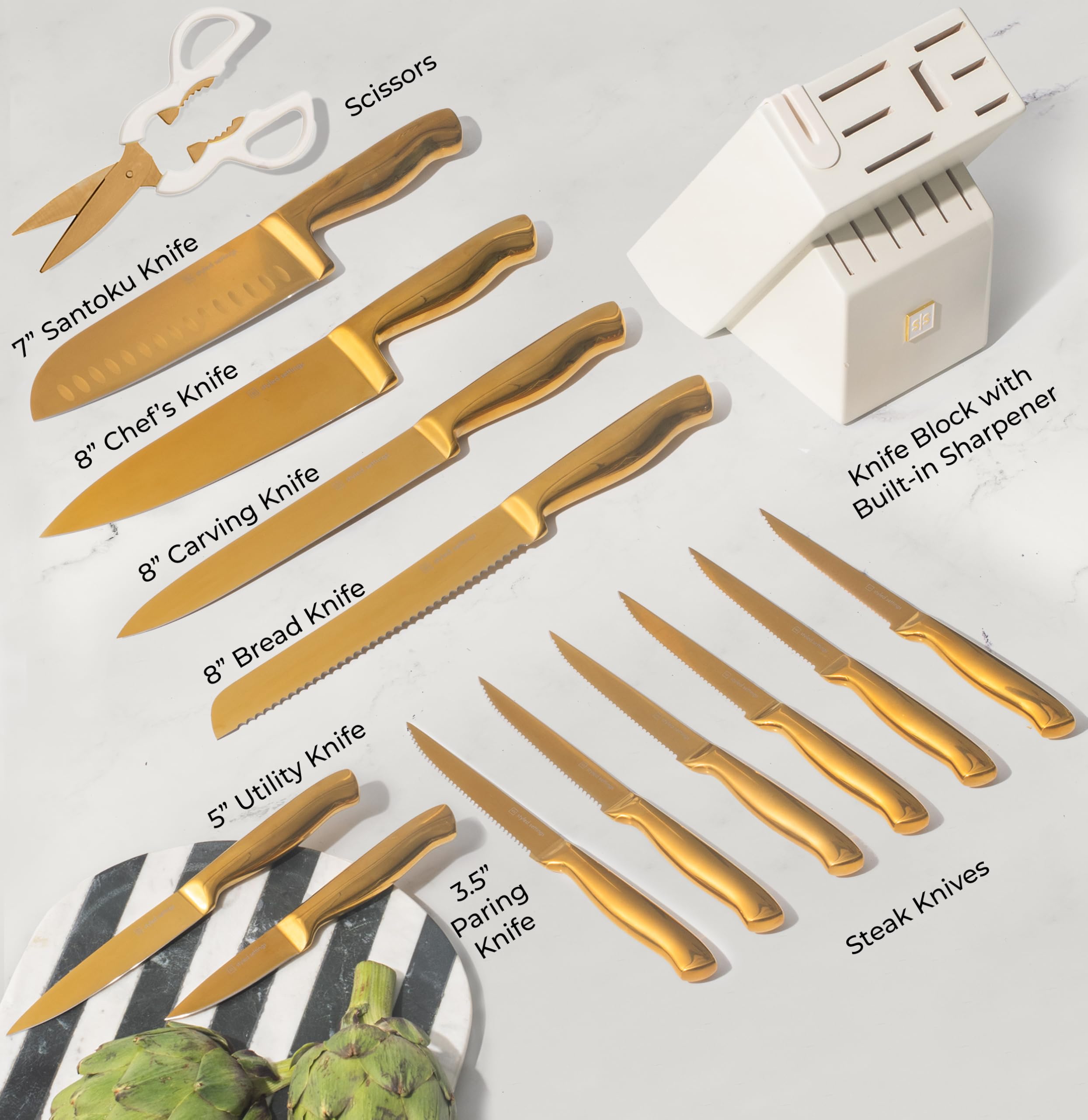 STYLED SETTINGS White and Gold Knife Set with Sharpener -14PC Self Sharpening Knife Block Set Includes Luxurious Full Tang Knives and White Knife Block - White and Gold Kitchen Decor Accessories