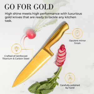 STYLED SETTINGS White and Gold Knife Set with Sharpener -14PC Self Sharpening Knife Block Set Includes Luxurious Full Tang Knives and White Knife Block - White and Gold Kitchen Decor Accessories