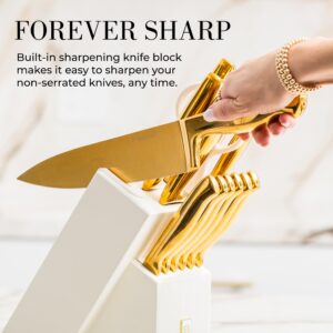 STYLED SETTINGS White and Gold Knife Set with Sharpener -14PC Self Sharpening Knife Block Set Includes Luxurious Full Tang Knives and White Knife Block - White and Gold Kitchen Decor Accessories