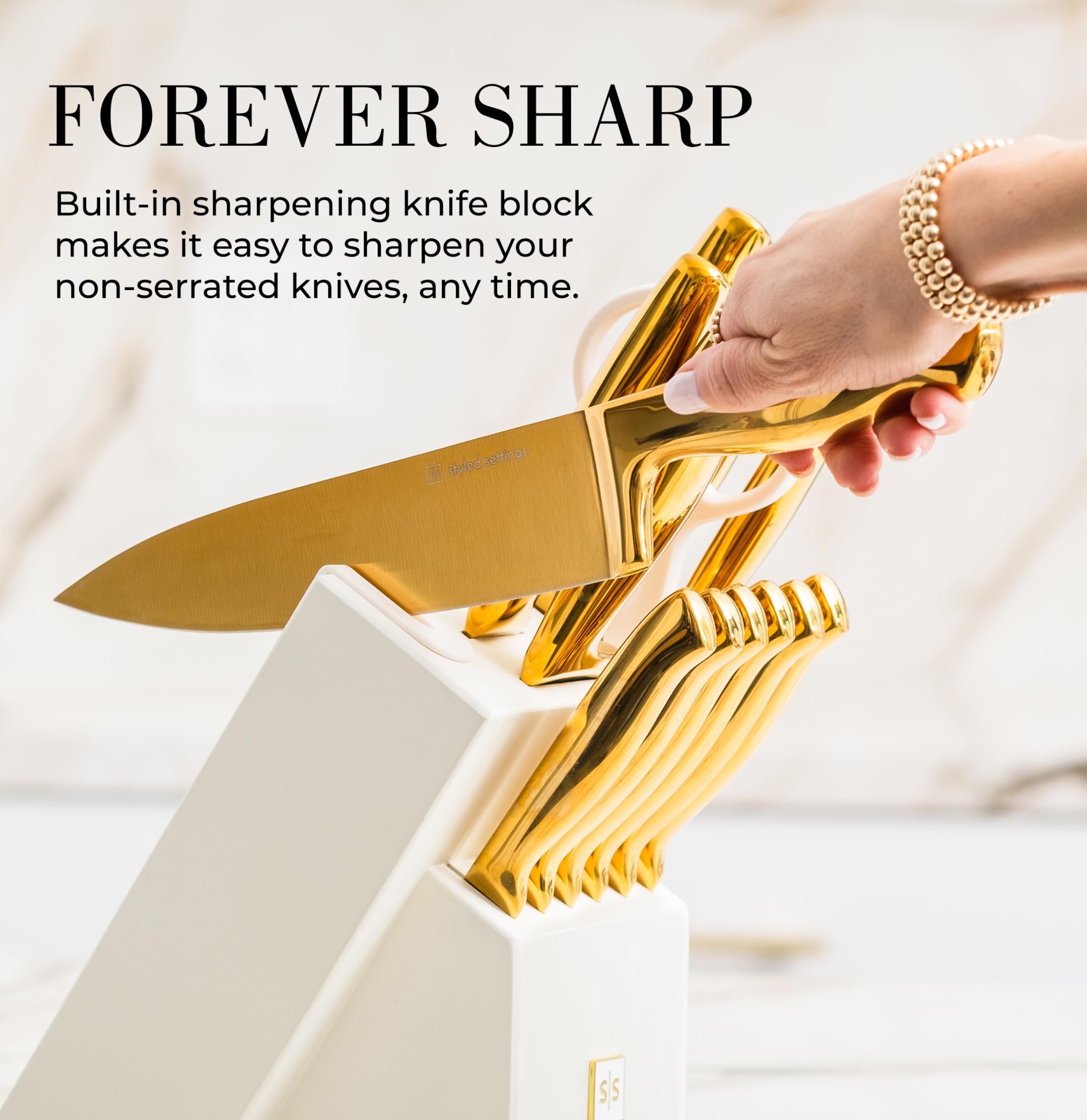 STYLED SETTINGS White and Gold Knife Set with Sharpener -14PC Self Sharpening Knife Block Set Includes Luxurious Full Tang Knives and White Knife Block - White and Gold Kitchen Decor Accessories