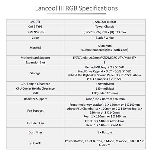 LIAN LI Lancool III RGB White Aluminum/SECC/Tempered Glass Gaming Case with 4 × 140 PWM Fans (ARGB)- LANCOOL 3R-W