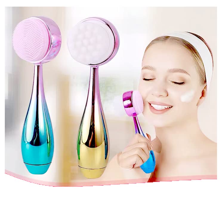 Facial Cleansing Brush 2 in 1Double-Sided Facial Cleaning Brush with Soft Bristles for Deep Pore Exfoliation, Wash Makeup, Massaging (Gold)