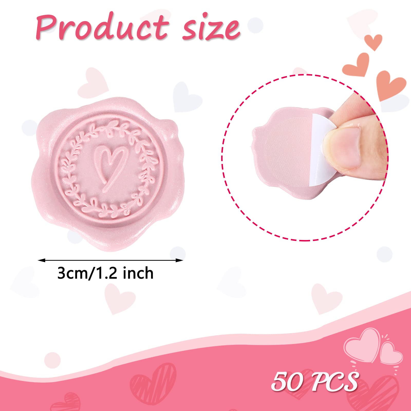 Whaline 50Pcs Embossed Wax Seal Stickers Pearl Pink Heart Envelope Seal Decals Self-Adhesive Stamp Sticker for Valentine's Day Wedding Invitations Greeting Cards Birthday Party Gift Supplies DIY Craft