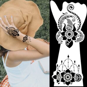 QSTOHENA 12 Sheets Large Henna Tattoo Stencils Kit,Reusable Self Adhesive Tattoo Template For Women Girls Hand Body Paint Indian Arabian Tattoo Stickers