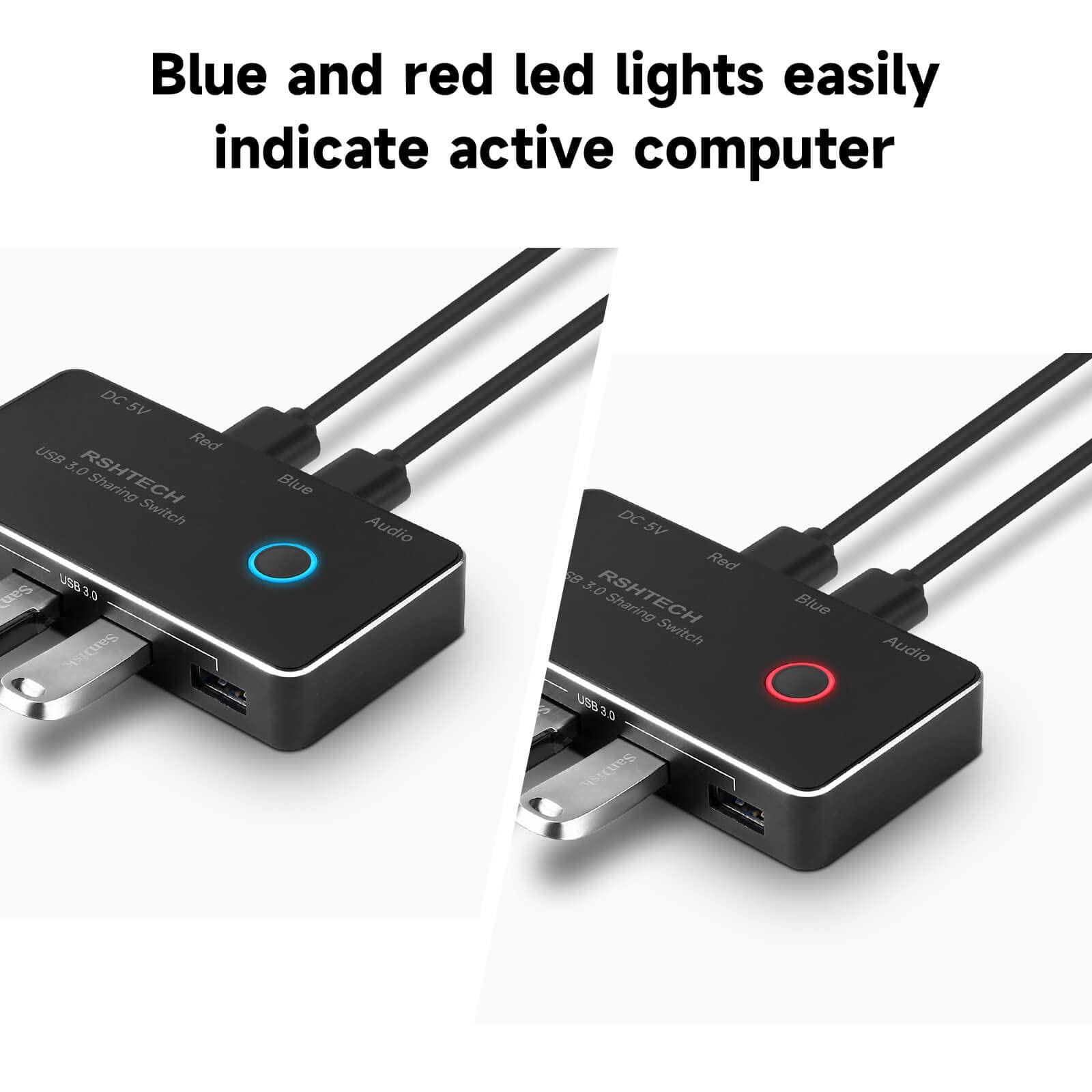 USB 3.0 Switch RSHTECH Aluminum USB Switch Selector with 4 USB 3.0 Ports, 3.5mm Audio Jack, 2 Computers Sharing 5 Peripheral Devices, USB KM Switcher hub with 2 USB Cable for Keyboard, Mouse, Printer