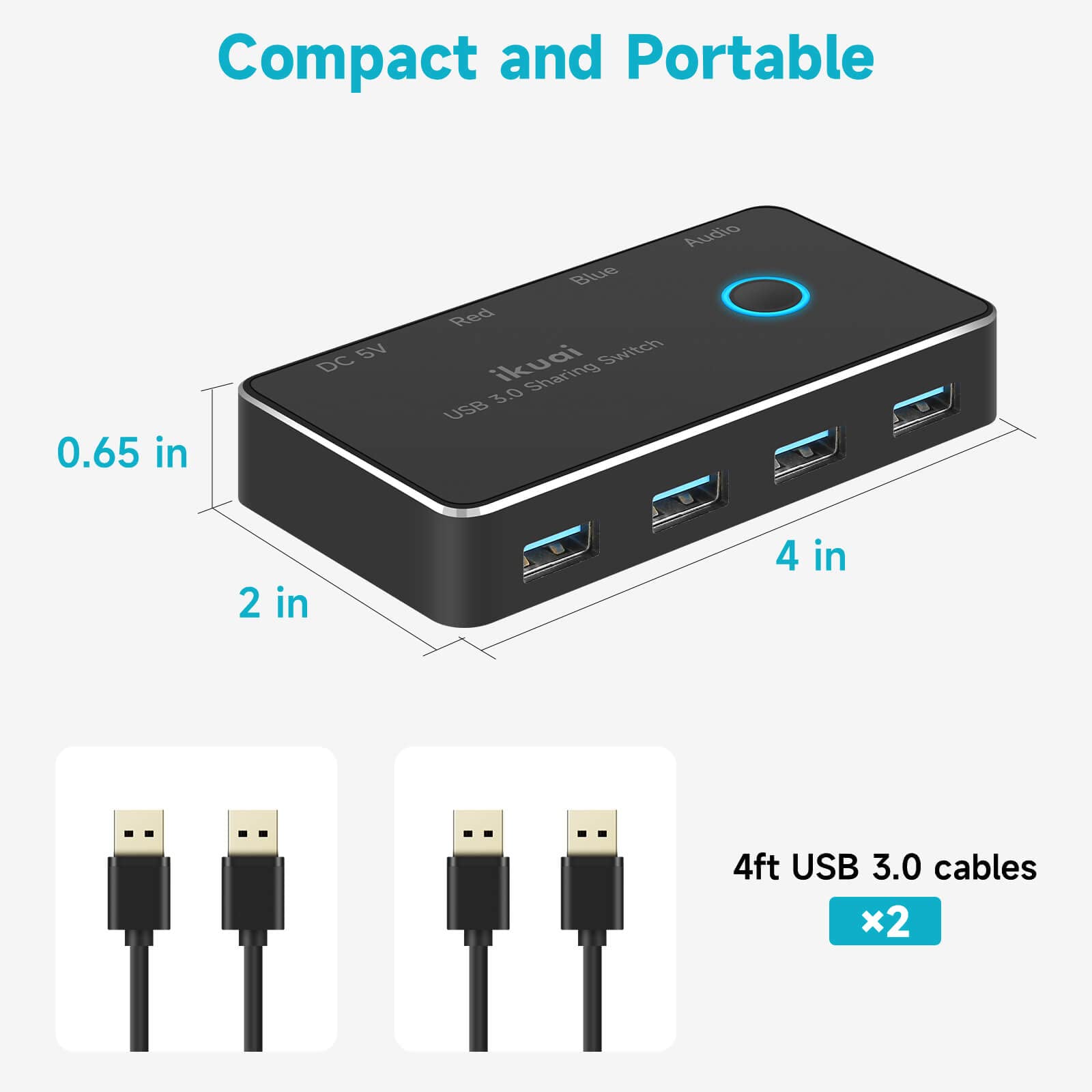 ikuai USB 3.0 Switch Selector for 2 Computer Sharing 4 USB Device + 1 Audio Output, One-Button Control Aluminum Switcher Box for Printer Keyboard Mouse Headset PC Peripherals with 2 Pack USB Cables