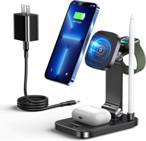 wireless charging station for iphone, 4 in 1 fast wireless charger stand with usb c adapter compatible with iphone 16/15/14/13/12 pro max/plus, airpods, iwatch 5/se/6/7/8, ipad pencil 1st generation