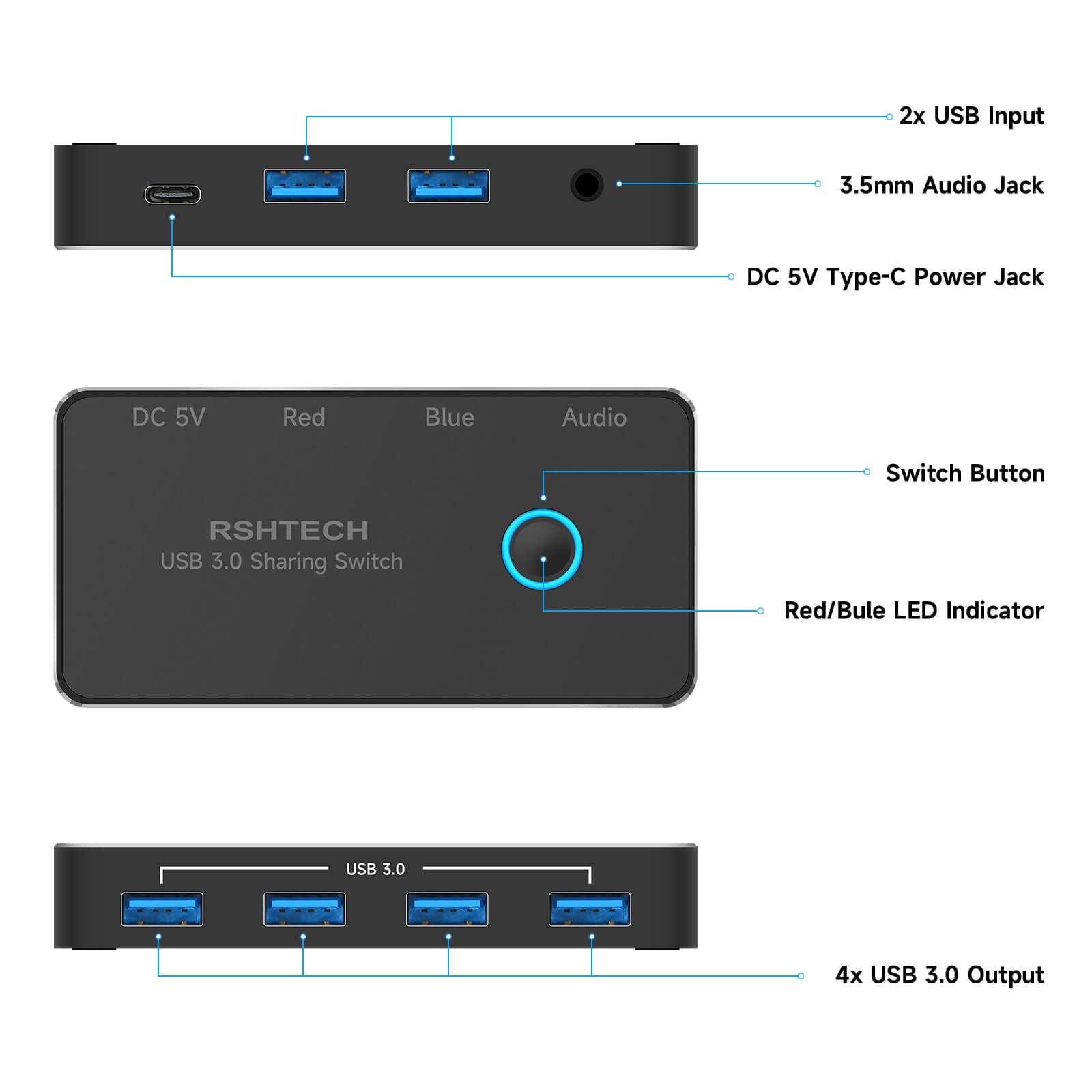 USB 3.0 Switch RSHTECH Aluminum USB Switch Selector with 4 USB 3.0 Ports, 3.5mm Audio Jack, 2 Computers Sharing 5 Peripheral Devices, USB KM Switcher hub with 2 USB Cable for Keyboard, Mouse, Printer