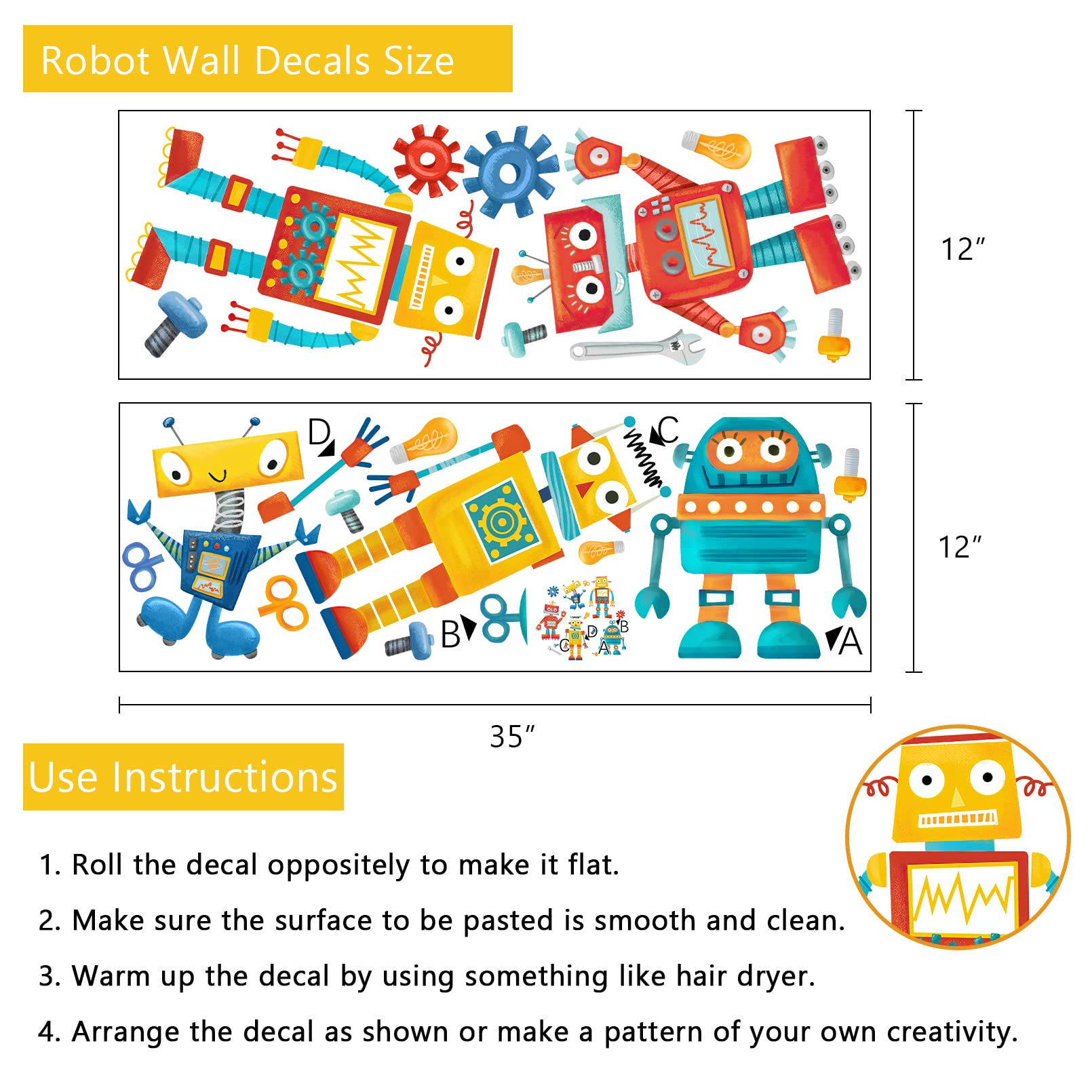 Yovkky Robots Educational Wall Decals Stickers, Bulb Gear Baby Boys Room Nursery Playroom Decor, Clockwork Wrench Toddler Kids Bedroom Home Classroom Decorations Art