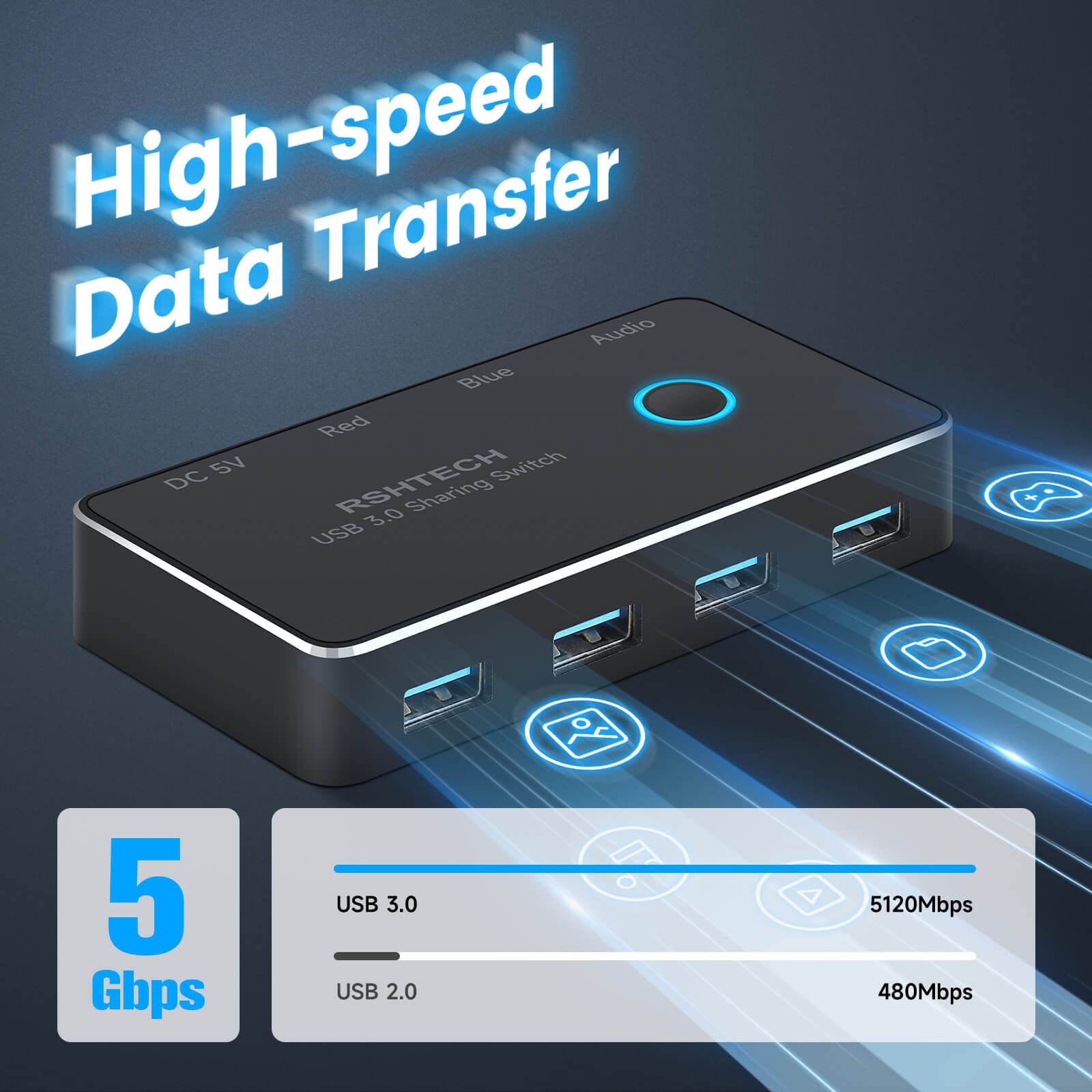 USB 3.0 Switch RSHTECH Aluminum USB Switch Selector with 4 USB 3.0 Ports, 3.5mm Audio Jack, 2 Computers Sharing 5 Peripheral Devices, USB KM Switcher hub with 2 USB Cable for Keyboard, Mouse, Printer