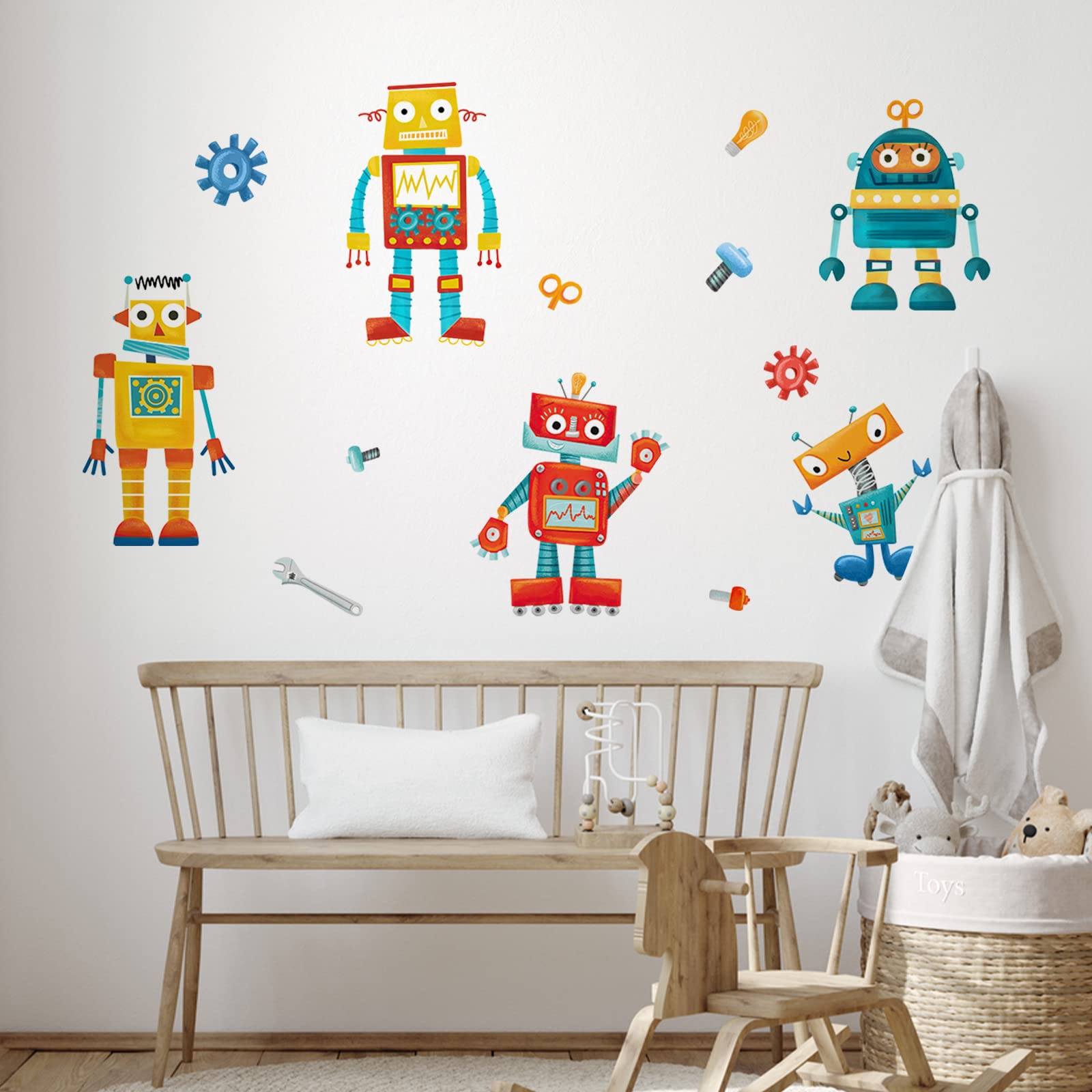 Yovkky Robots Educational Wall Decals Stickers, Bulb Gear Baby Boys Room Nursery Playroom Decor, Clockwork Wrench Toddler Kids Bedroom Home Classroom Decorations Art