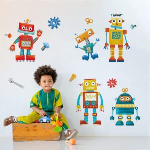 yovkky robots educational wall decals stickers, bulb gear baby boys room nursery playroom decor, clockwork wrench toddler kids bedroom home classroom decorations art