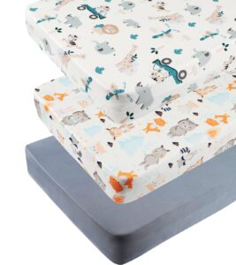 tontukatu pack n play sheet stretchy fitted portable mini crib sheets set 3 pack,playard sheets convertible playard mattress cover,ultra soft jersey material,elephant tiger,fox & grey