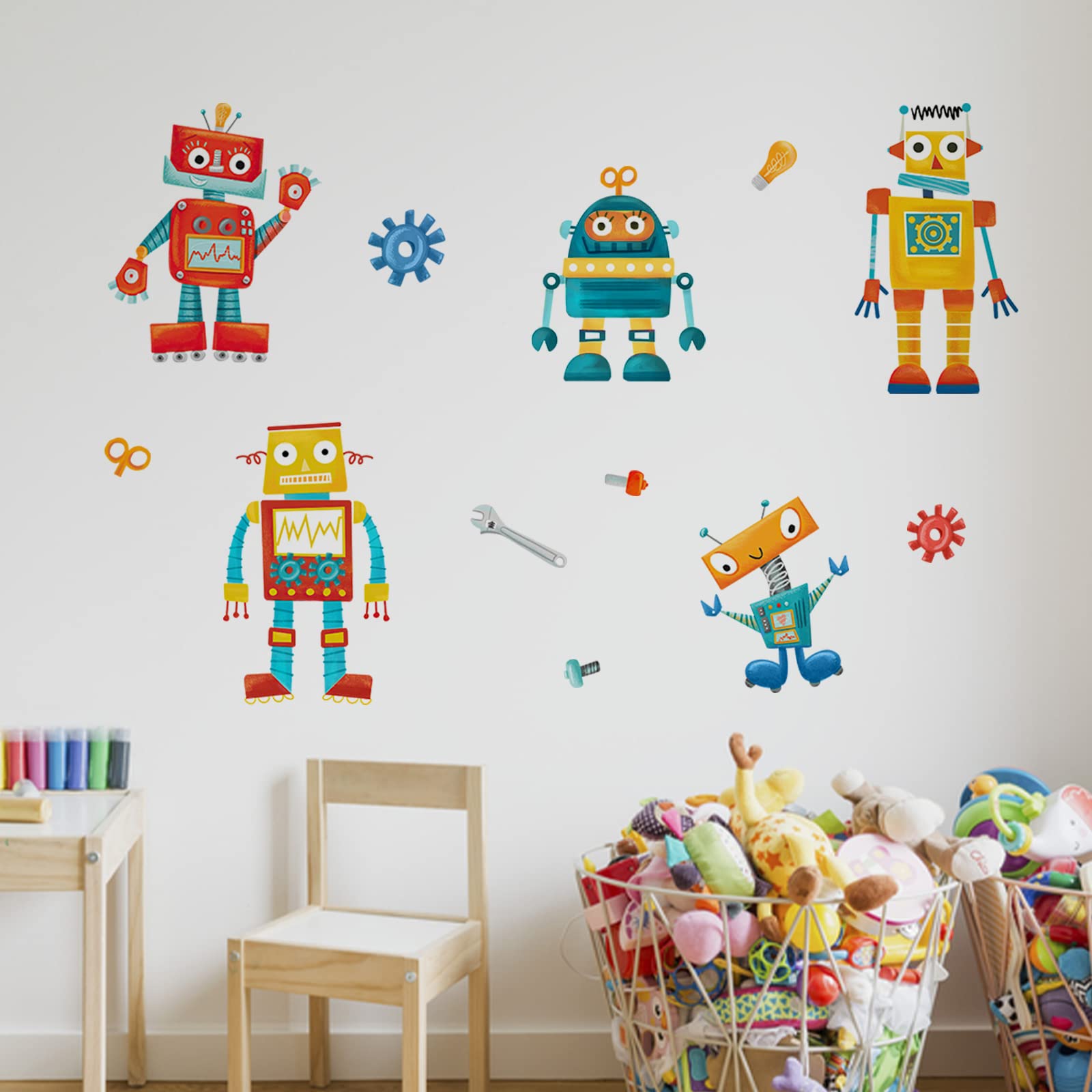 Yovkky Robots Educational Wall Decals Stickers, Bulb Gear Baby Boys Room Nursery Playroom Decor, Clockwork Wrench Toddler Kids Bedroom Home Classroom Decorations Art