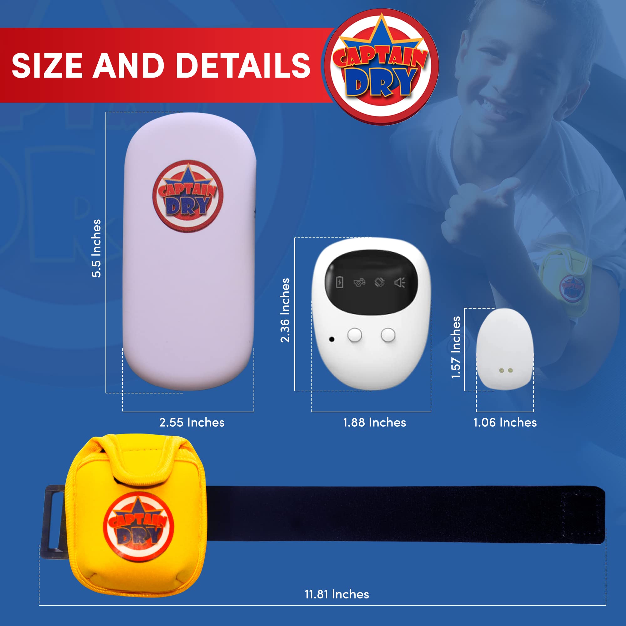 CAPTAIN DRY Wireless Bedwetting Alarm for Kids Includes Armband Rechargeable for Deep Sleepers Boys and Girls Move Turn Around During Sleep Kids Older Children Loud Sound Clinically Proven System