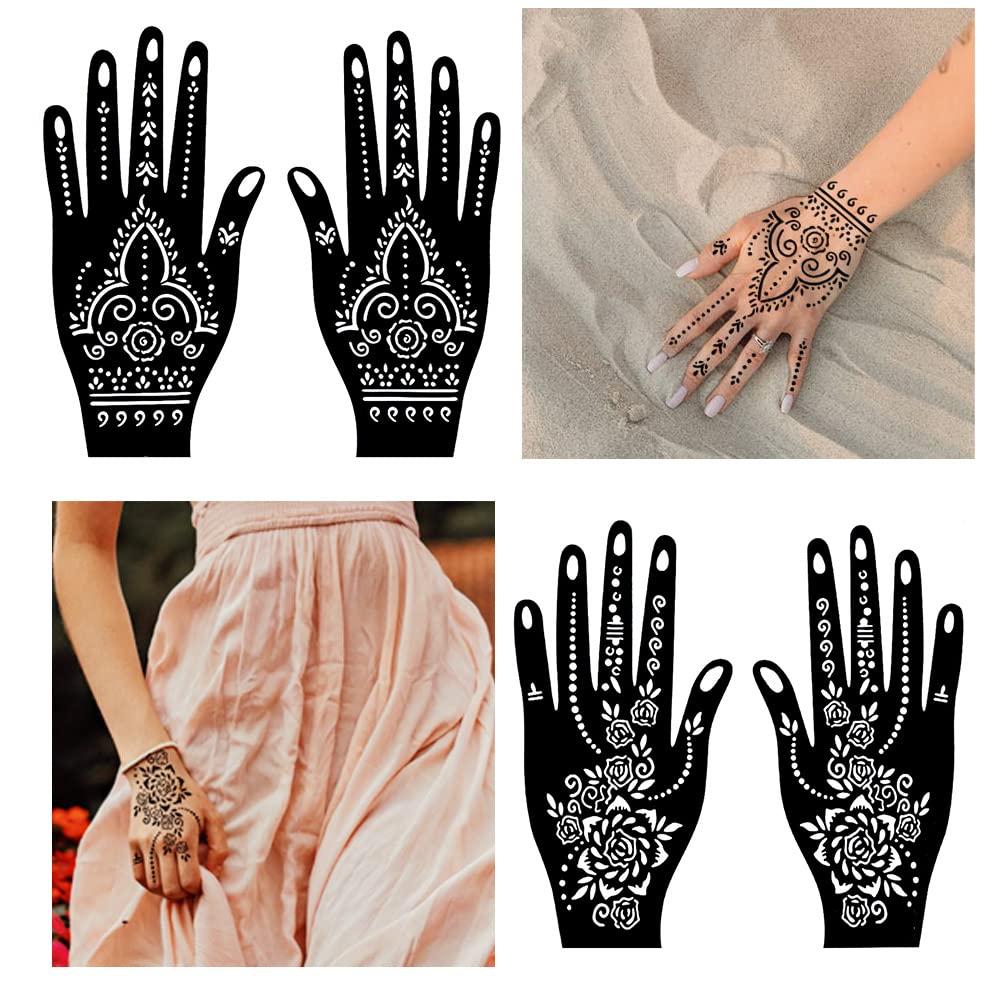 QSTOHENA 12 Sheets Large Henna Tattoo Stencils Kit,Reusable Self Adhesive Tattoo Template For Women Girls Hand Body Paint Indian Arabian Tattoo Stickers