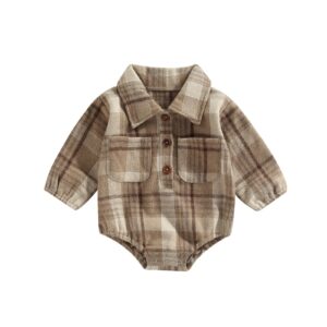 baby boy plaid shirt romper flannel long sleeve oversized tops infant button down fall clothes (coffee,0-6 months)