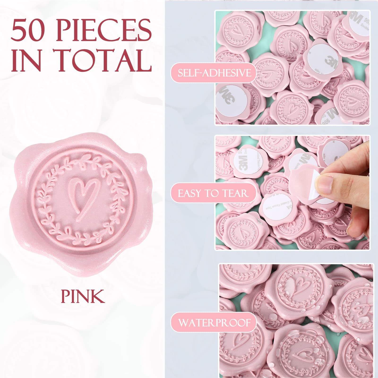 Whaline 50Pcs Embossed Wax Seal Stickers Pearl Pink Heart Envelope Seal Decals Self-Adhesive Stamp Sticker for Valentine's Day Wedding Invitations Greeting Cards Birthday Party Gift Supplies DIY Craft