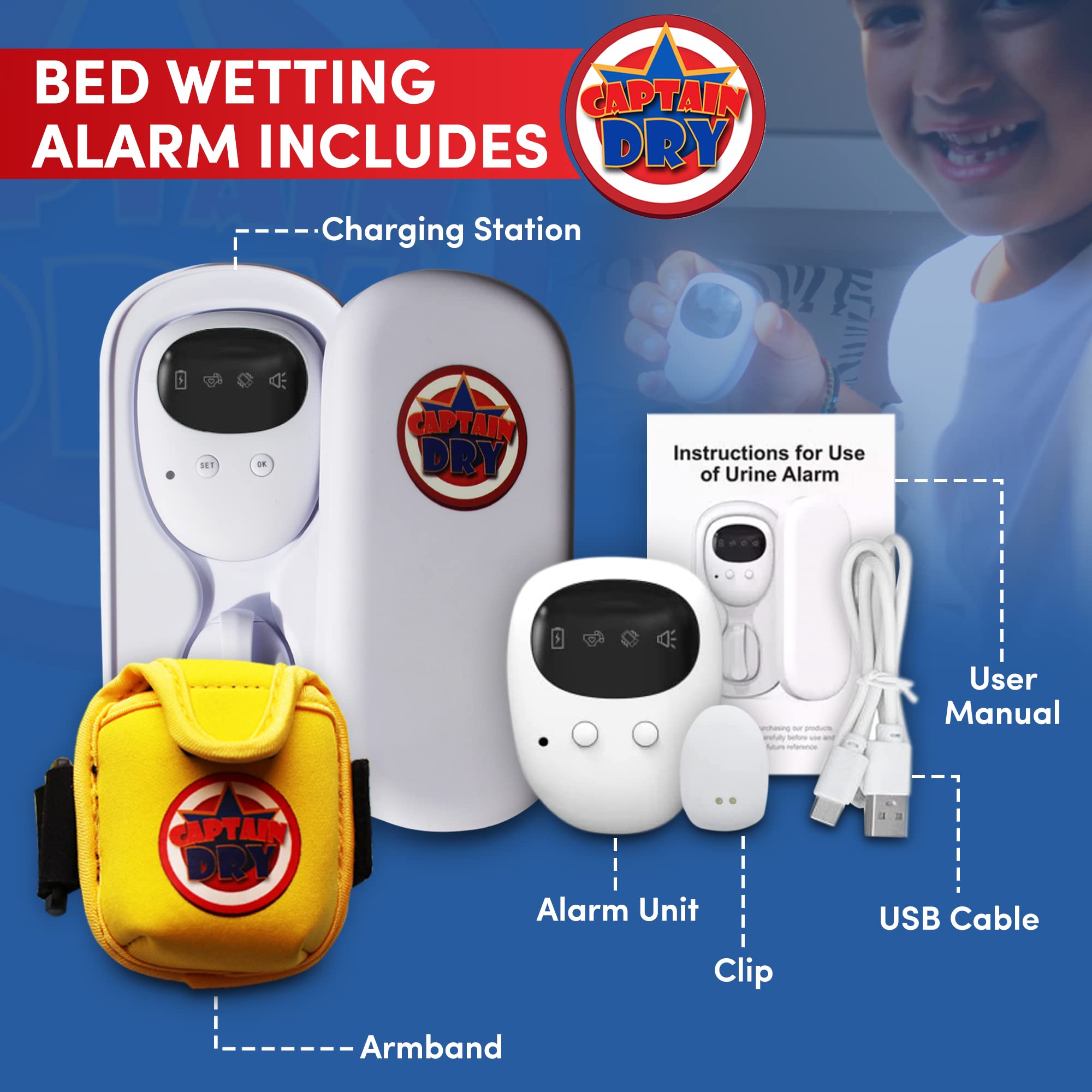 CAPTAIN DRY Wireless Bedwetting Alarm for Kids Includes Armband Rechargeable for Deep Sleepers Boys and Girls Move Turn Around During Sleep Kids Older Children Loud Sound Clinically Proven System