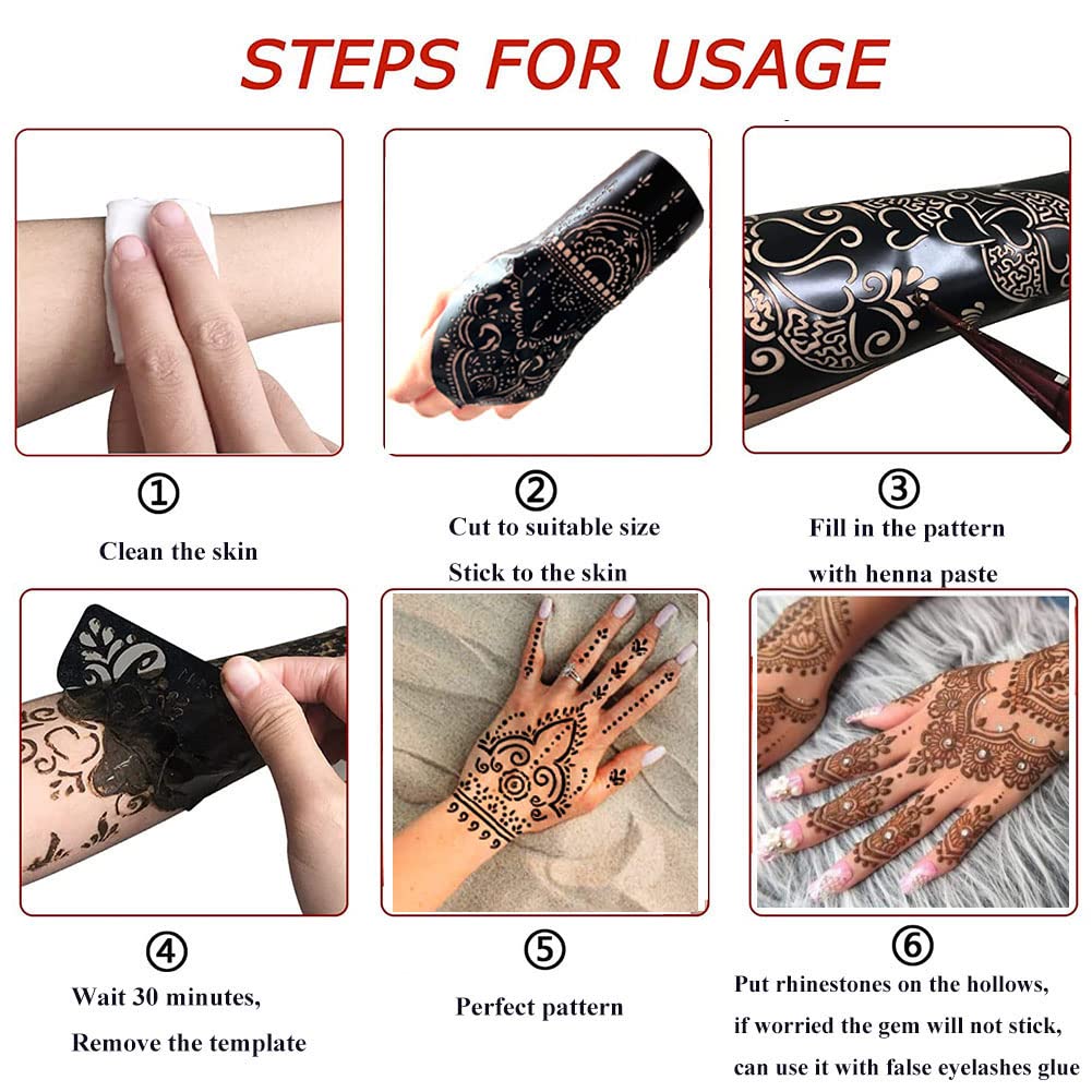 QSTOHENA 12 Sheets Large Henna Tattoo Stencils Kit,Reusable Self Adhesive Tattoo Template For Women Girls Hand Body Paint Indian Arabian Tattoo Stickers