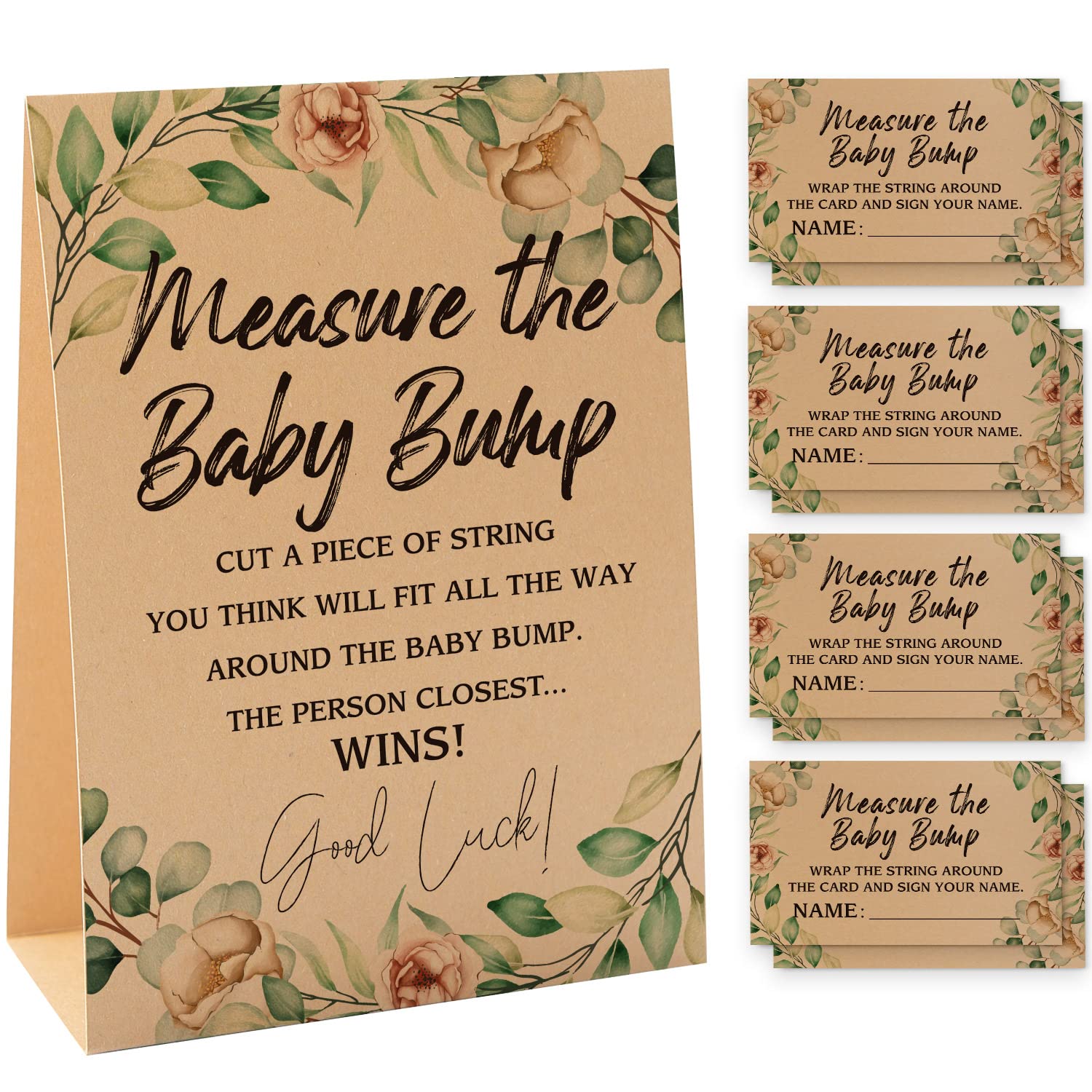 1 Measure the Baby Bump Kraft Sign & 50 Guessing Cards Set, Gender Neutral Baby Shower, Baby Showers Decorations, Baby Shower Games/083KF