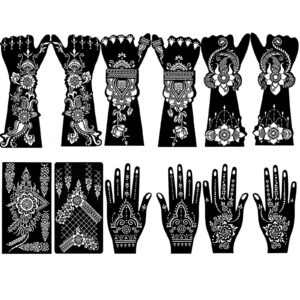 qstohena 12 sheets large henna tattoo stencils kit,reusable self adhesive tattoo template for women girls hand body paint indian arabian tattoo stickers