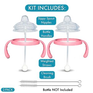 Sippy Cup Conversion Kit for Comotomo Baby Bottles | 2-Count | with Soft Silicone Sippy Spout Nipples, Weighted Any Angle Straw Ball, Bottle Handles and Straw Cleaning Brush (Sippy Spout, Pink)