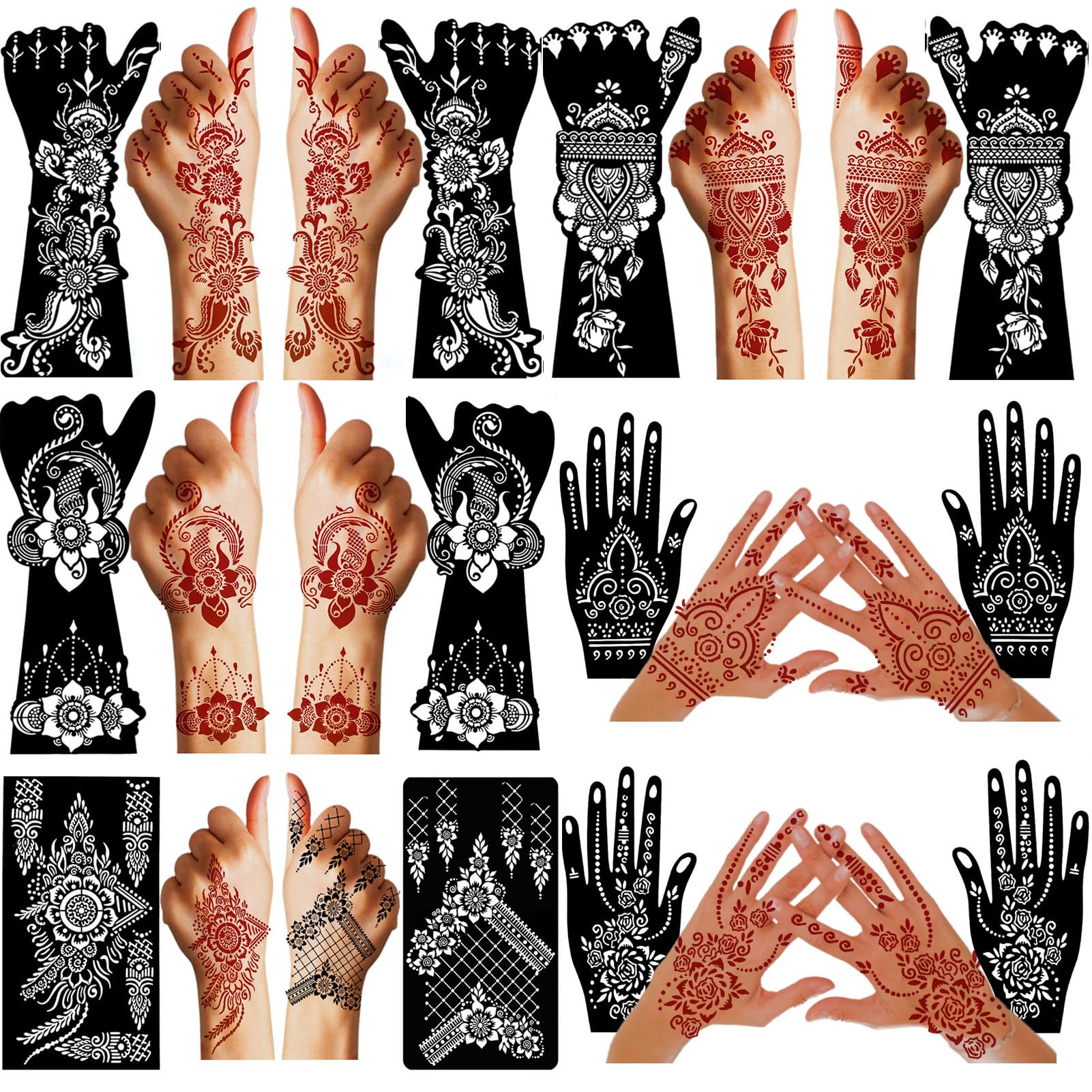 QSTOHENA 12 Sheets Large Henna Tattoo Stencils Kit,Reusable Self Adhesive Tattoo Template For Women Girls Hand Body Paint Indian Arabian Tattoo Stickers