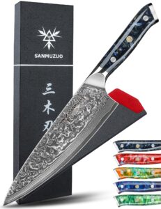 sanmuzuo chef knife - 8 inch - xuan series - vg10 damascus steel kitchen knife - resin handle (starry black)