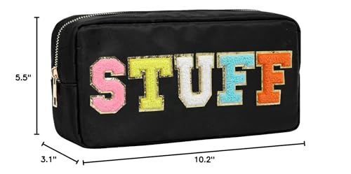 DYSHAYEN Nylon Cosmetic Bag Preppy Makeup Stuff Bag for Women Travel Toiletry Organizer with Chenille Letter Patches (Black-STUFF)