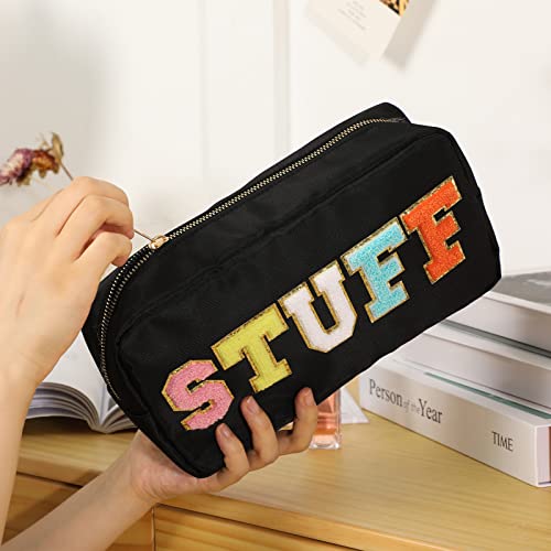 DYSHAYEN Nylon Cosmetic Bag Preppy Makeup Stuff Bag for Women Travel Toiletry Organizer with Chenille Letter Patches (Black-STUFF)