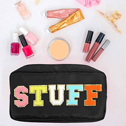 DYSHAYEN Nylon Cosmetic Bag Preppy Makeup Stuff Bag for Women Travel Toiletry Organizer with Chenille Letter Patches (Black-STUFF)