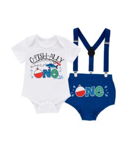 fantasy era baby boys o-fish-ally printing 1st birthday outfit funny bowtie one year old boys romper short set （blue，12-18months）