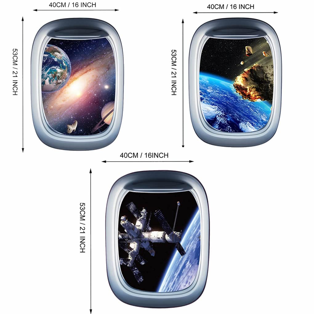 Quanhaigou Galaxy Wall Decals, Set of 3 Space Capsule Planet Fake Window Sticker 3D Outer Space Mural Wall Decal for Bedroom Living Room Kids Room Home Decor