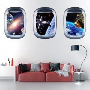 quanhaigou galaxy wall decals, set of 3 space capsule planet fake window sticker 3d outer space mural wall decal for bedroom living room kids room home decor