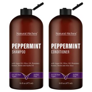 natural riches peppermint shampoo & conditioner set - clarifying formula for thinning hair, fights hair loss, promotes hair growth, hydrating & refreshing, sulfate free for men women, 16 fl oz each