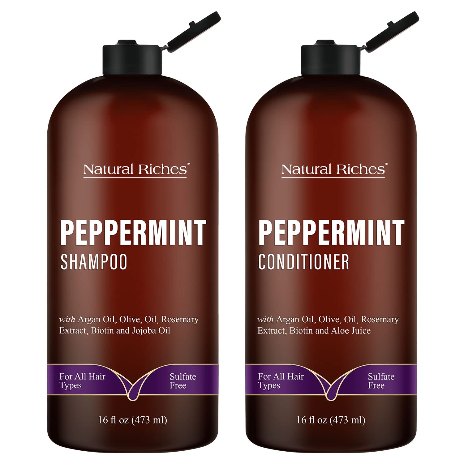 Natural Riches Peppermint Shampoo & Conditioner Set - Clarifying Formula for Thinning Hair, Fights Hair Loss, Promotes Hair Growth, Hydrating & Refreshing, Sulfate Free for Men Women, 16 fl oz each