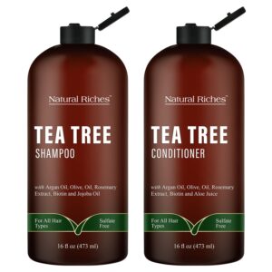 natural riches refreshing women's and men's shampoo and conditioner set - with pure tea tree oil, boosts shine, tames frizz, sulfate-free, good for dry, itchy scalp